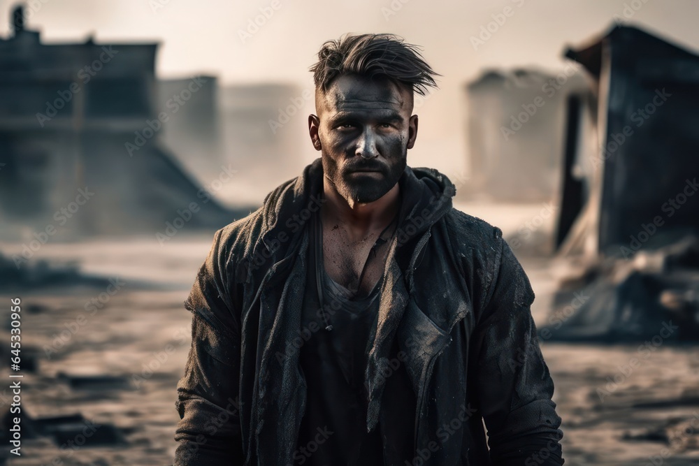 Brutal man with scars and soot spots on his face. In dirty and worn ...