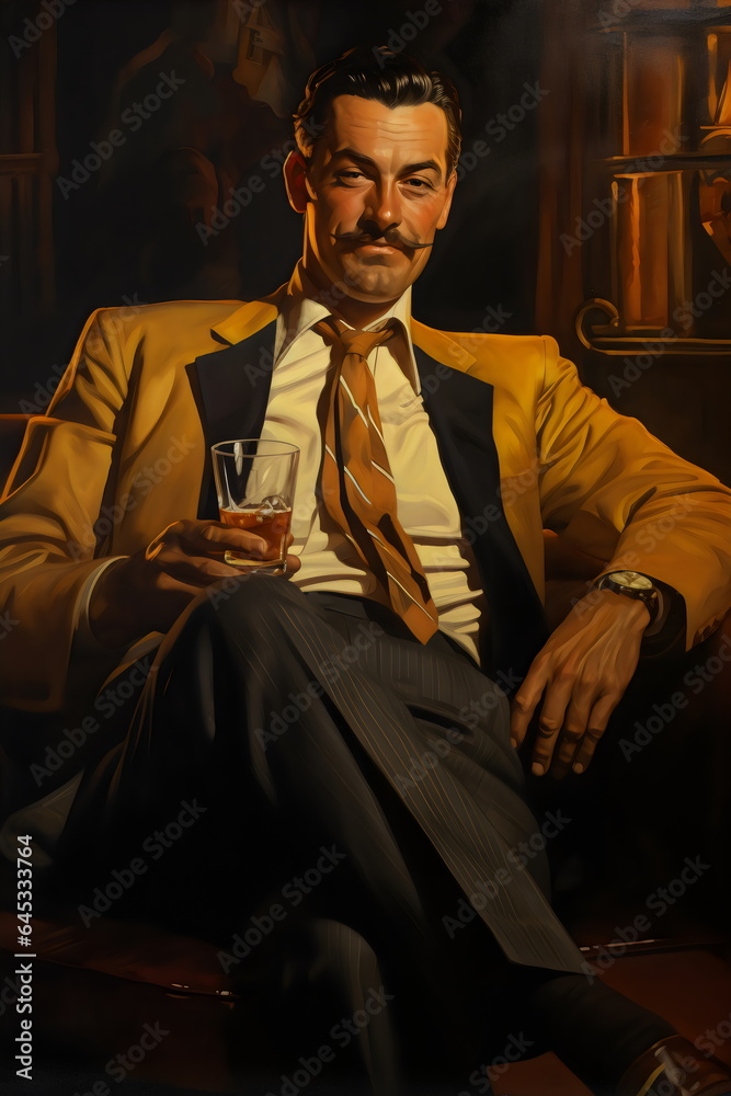 handsome man alone at luxury bar in 1940s pin up oil painting style ...