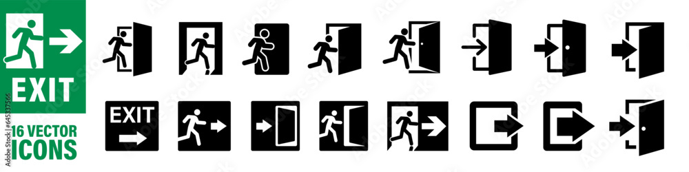 Exit symbol set. Evacuation icon set. Silhouette style. Stock Vector ...