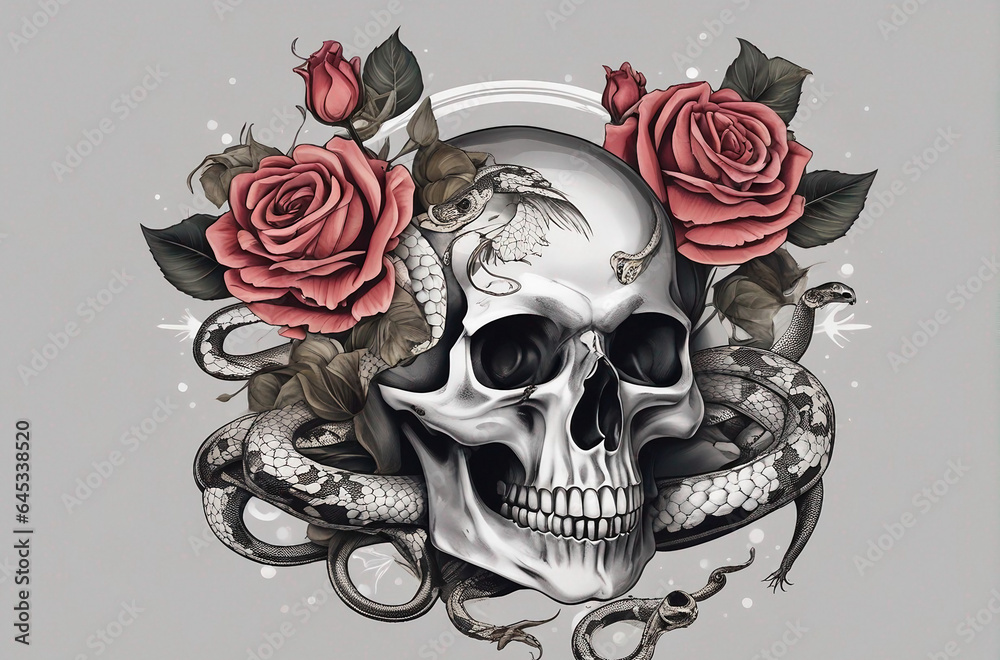 Skull, roses, and snakes isolated on a transparent background. Elegant tattoo design Stock ...