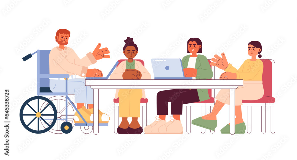 Diverse meeting work cartoon flat illustration. Diversity people ...