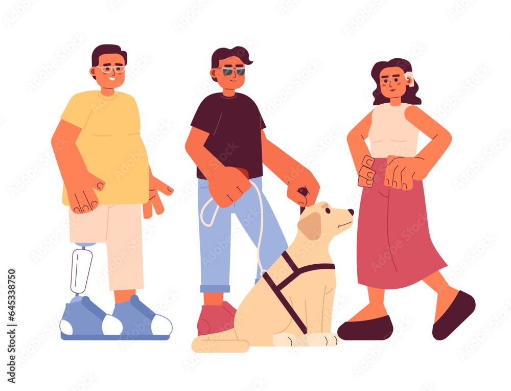 Disabilities diversity cartoon flat illustration. Blind man with guide ...
