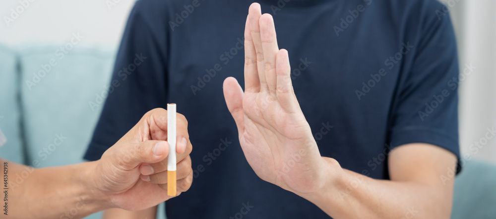 No smoking. Man stop smoke, refuse, reject, break take cigarette, say ...