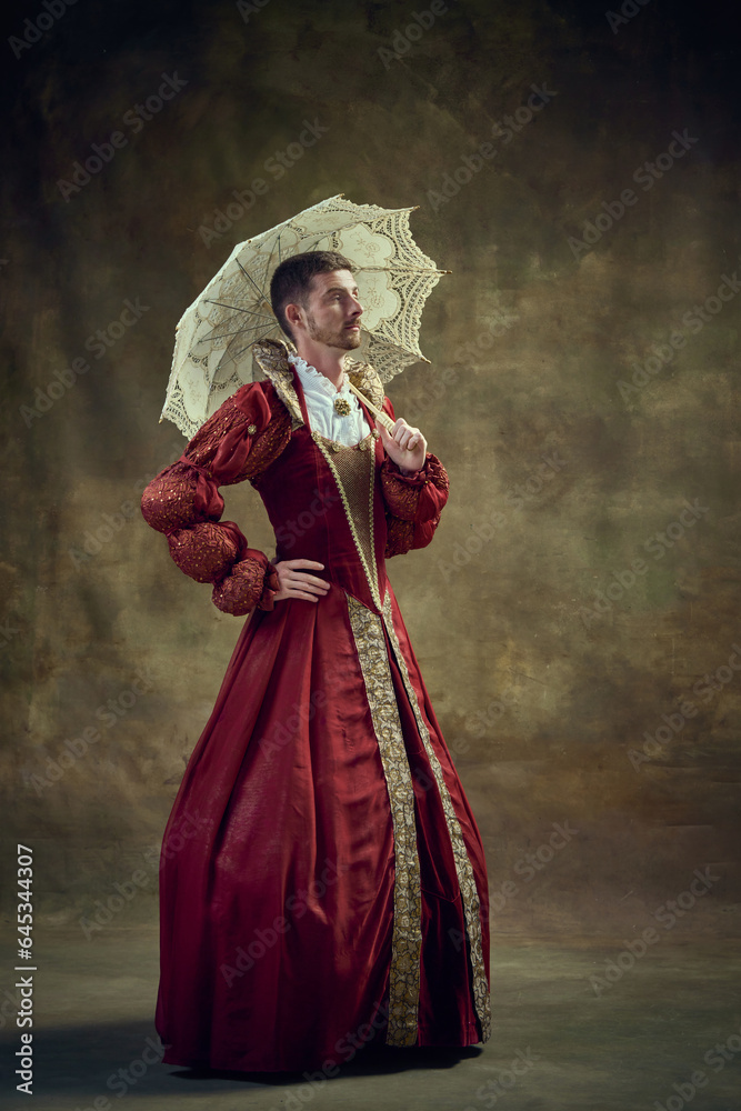 Gender norms. Medieval prince, nobleman wearing female dress and ...