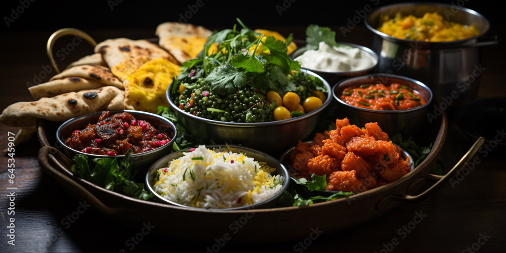 Assorted Indian cuisine, featuring appetizers and dishes like curry ...