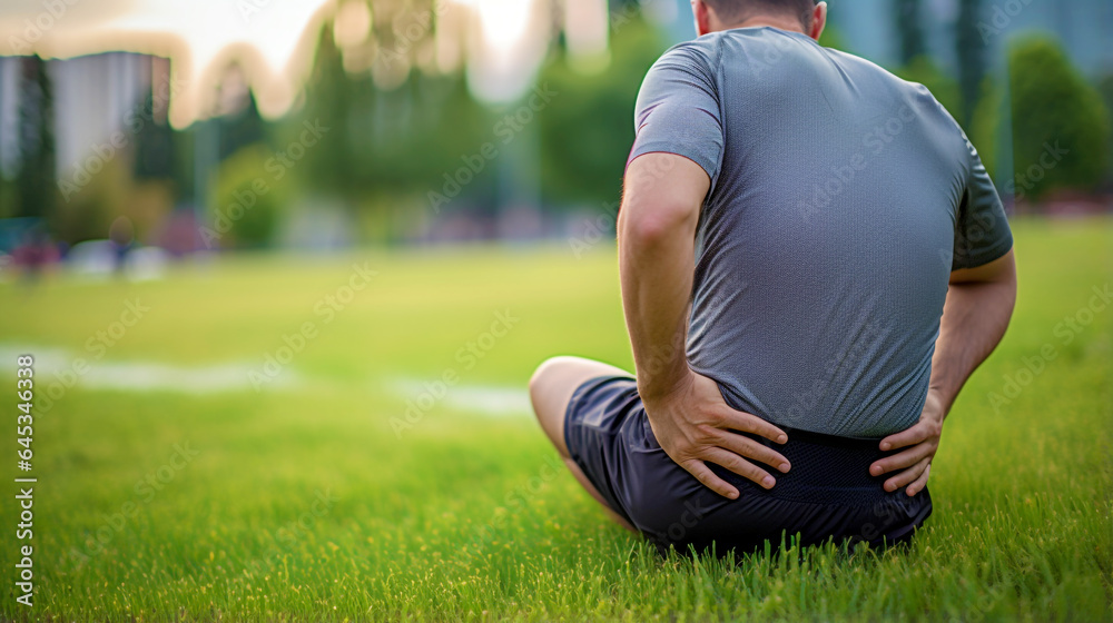 man on the football field holding his lower back, experiencing pain in ...