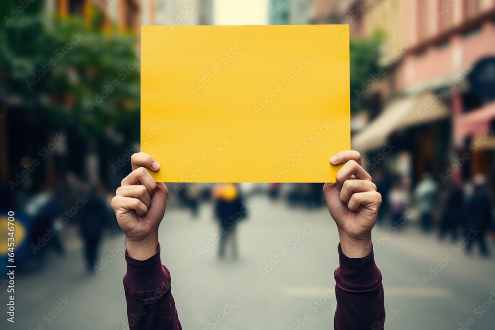 Mains tenant une pancarte jaune dans la rue d'une ville » IA générative ...