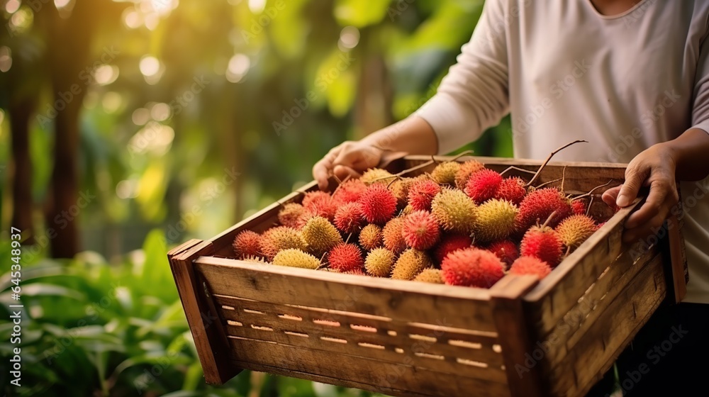 Asian farmer holding fresh rambutan in a wooden crate at the rambutan ...