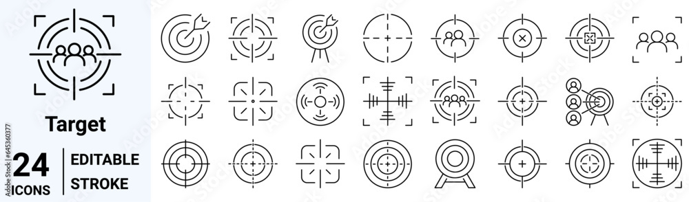 set of 24 line web Target icons. Precision. Bullseye, Focus, Crosshair ...