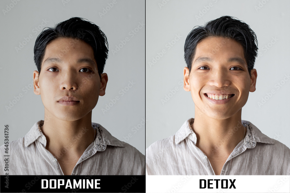 Young asian guy before and after dopamine detox. Return to happiness ...