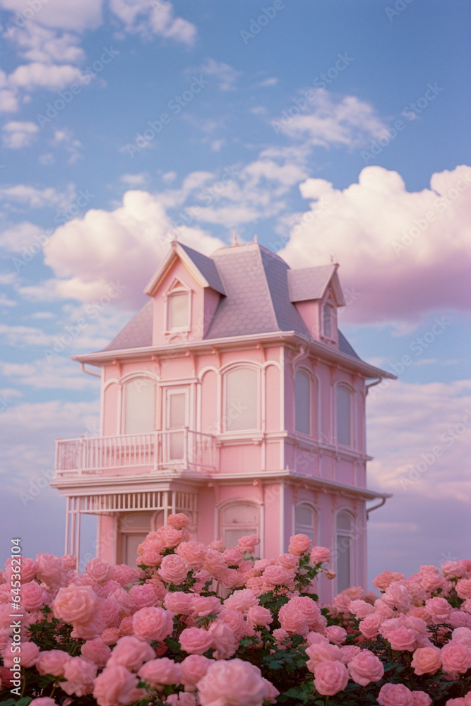 Beautiful pink house in the sky and rose flowers. The minimum concept ...