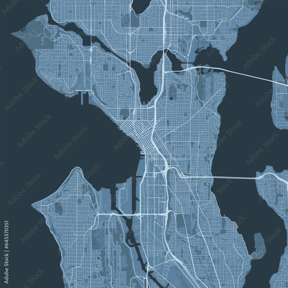Blue Seattle map, United States, detailed municipality map, skyline ...