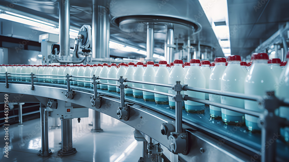 Conveyor belt with bottles of milk at a modern dairy plant. Stock Photo ...