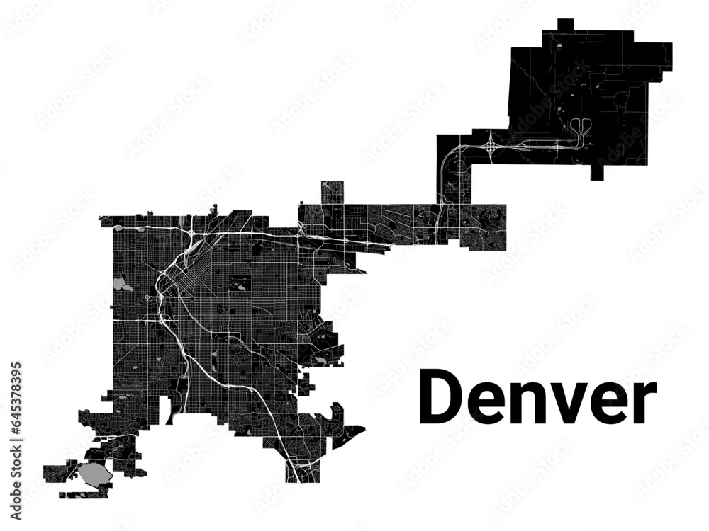 Denver city map, United States. Municipal administrative borders, black ...