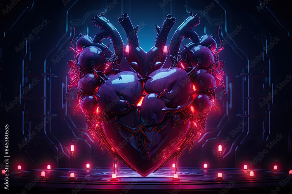 Neon cyber human heart with arteries. Realistic illustration of a heart ...