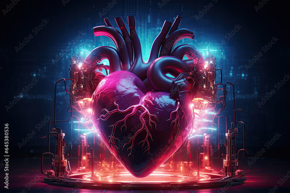 Neon cyber human heart with arteries. Realistic illustration of a heart ...