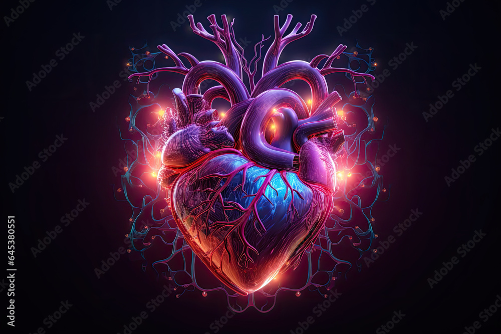 Neon cyber human heart with arteries. Realistic illustration of a heart ...