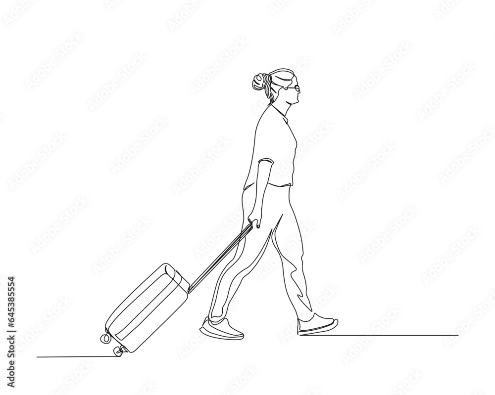 Continuous one line drawing of woman traveller walking with suitecase ...