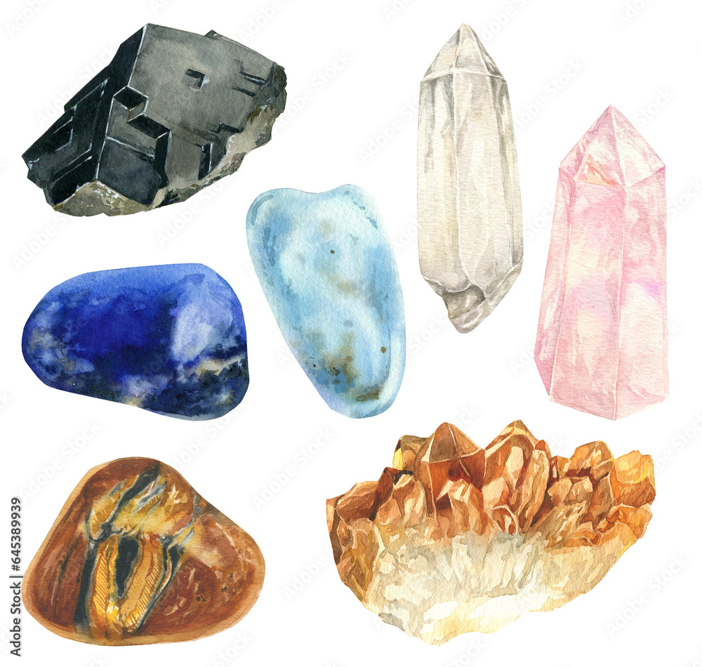Chakra set healing crystals for reiki, meditation. Watercolor chakras ...