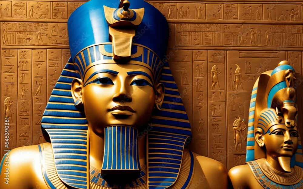 Pharaoh, golden figures. Ancient Egyptian hieroglyphs, pyramids ...