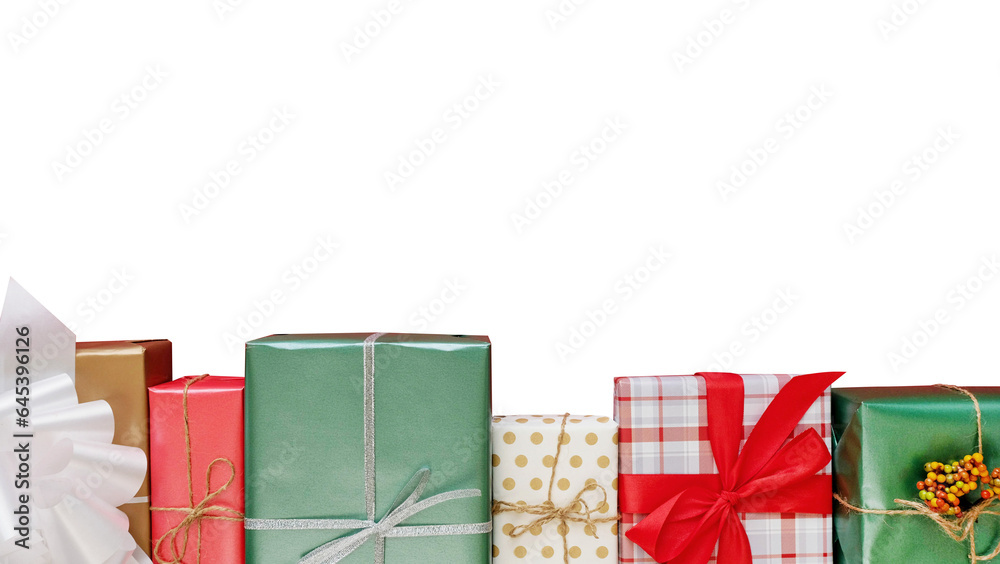 Border with a Christmas boxes with gifts on a transparent background ...