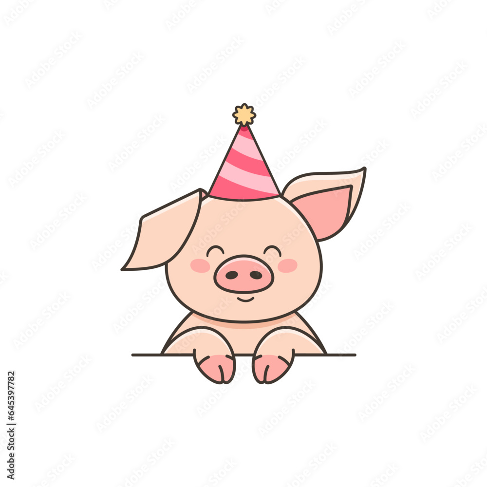 Cute pig is wearing a party hat. Vector flat illustration in cartoon ...