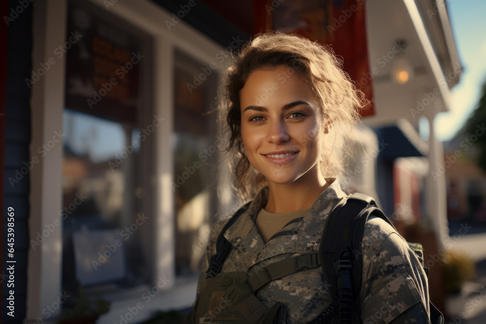 Veterans Day. A female soldier. Soldier standing outside. Smiling at ...