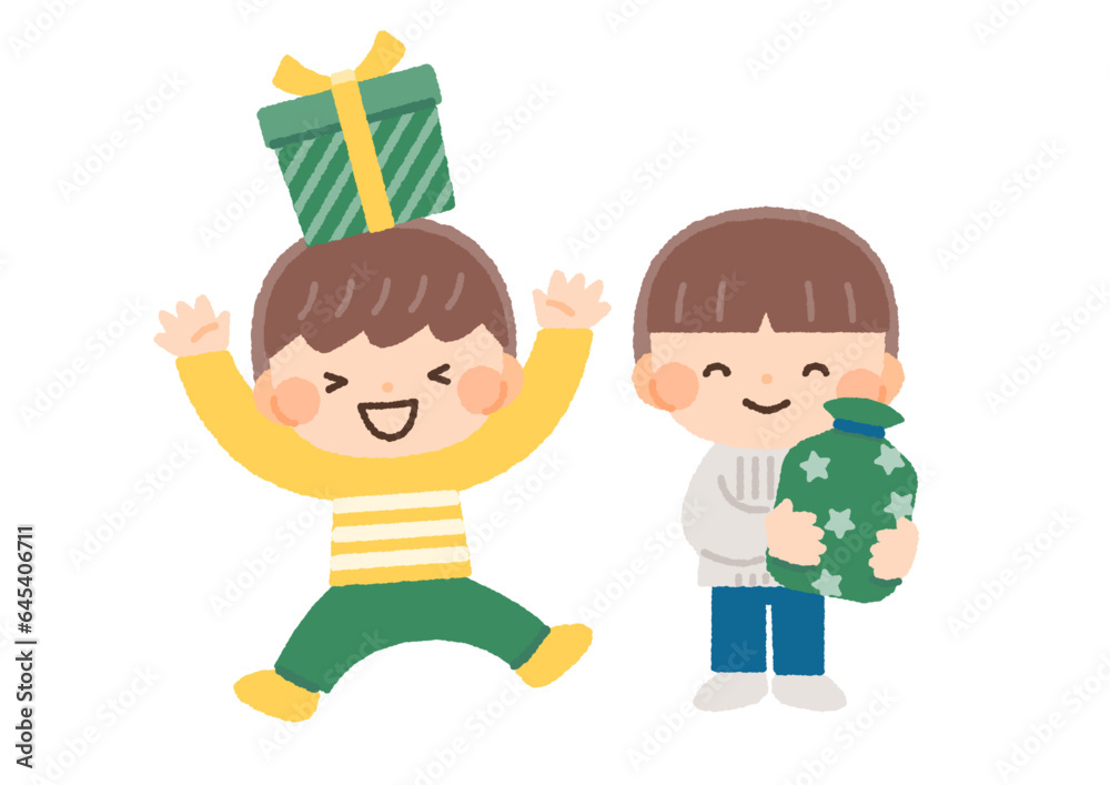 クリスマスのプレゼントを貰って喜ぶ男の子のイラスト素材セット Stock ベクター Adobe Stock