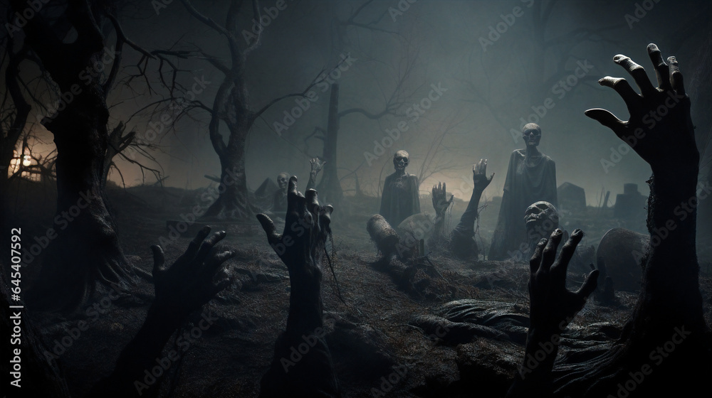 Undead hands coming out of the ground, Horror Halloween Night Cemetery ...