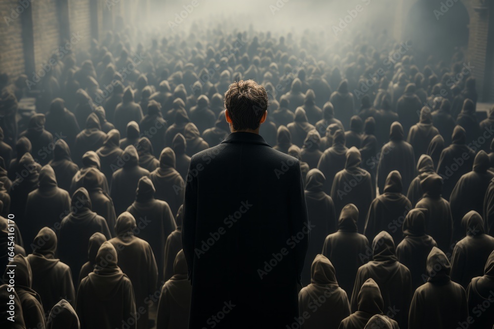 In the midst of a compelling cult gathering, a lone figure stands ...