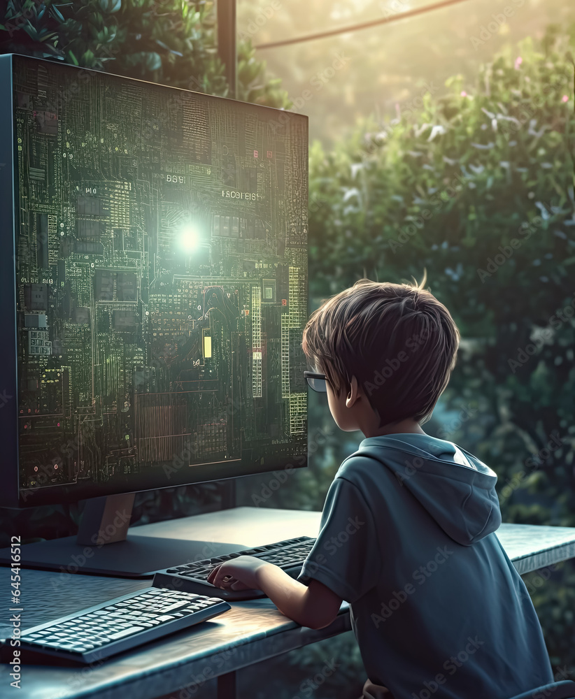 Genius Little boy as a Hacker is coding and programming on in outdoor ...