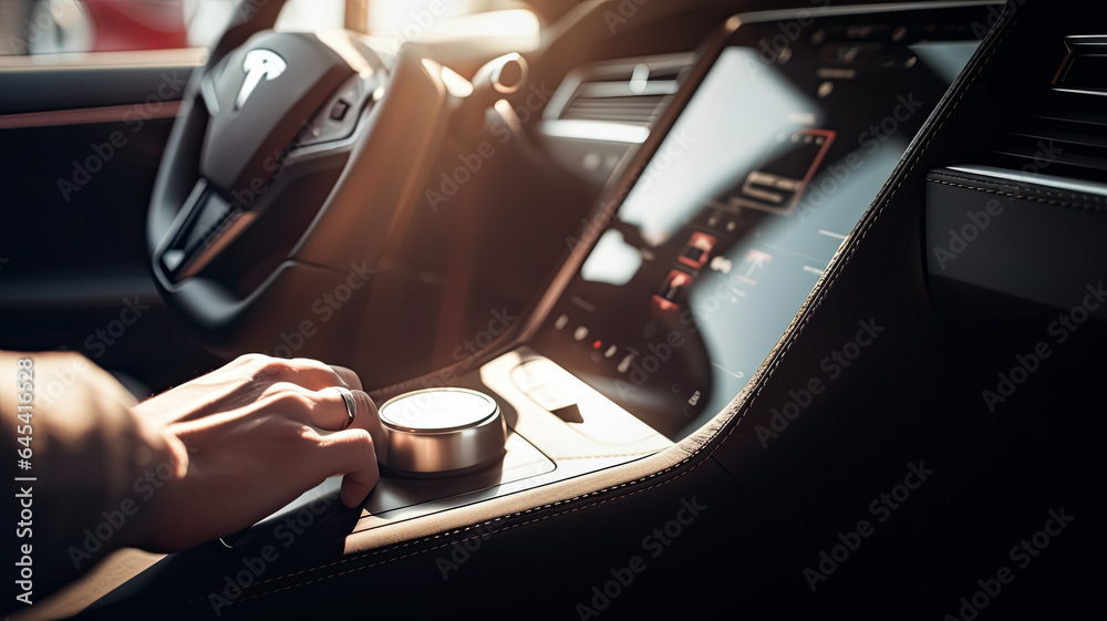 Hand Pushing on a smart start button on car control engine ignition for ...