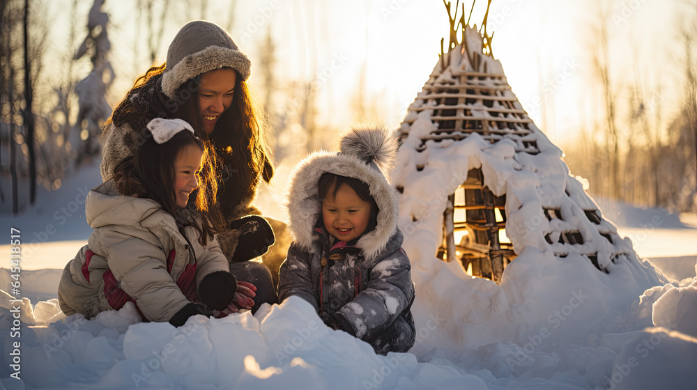 Native Americans sit next to their shelter in winter Stock Photo ...