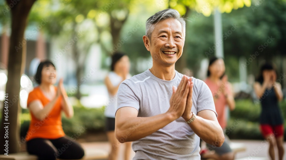Elderly Asian couple enjoys Tai Chi outdoor exercise yoga, promoting ...