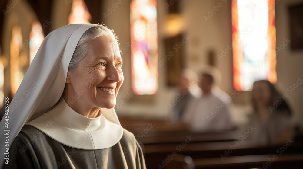 Portrait of a senior nun against a church background Stock Photo ...