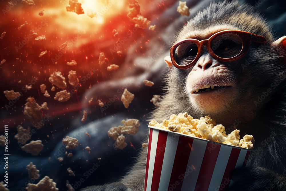Funny little monkey watching movie at cinema wearing 3D goggles eating ...