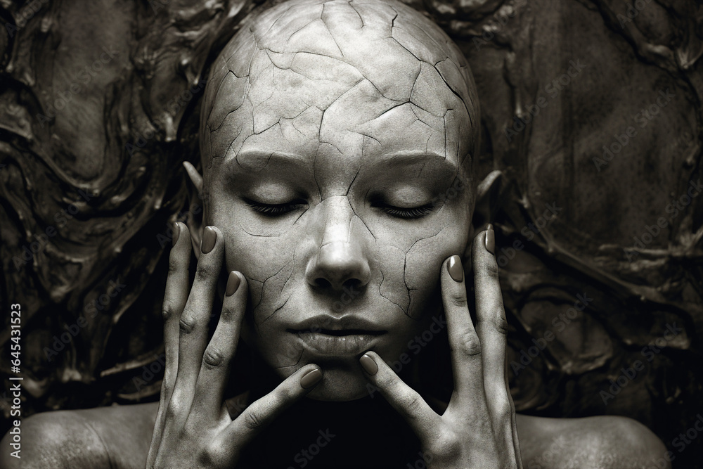 Artwork magazine imagination picture of dry skin bald lady touch face ...