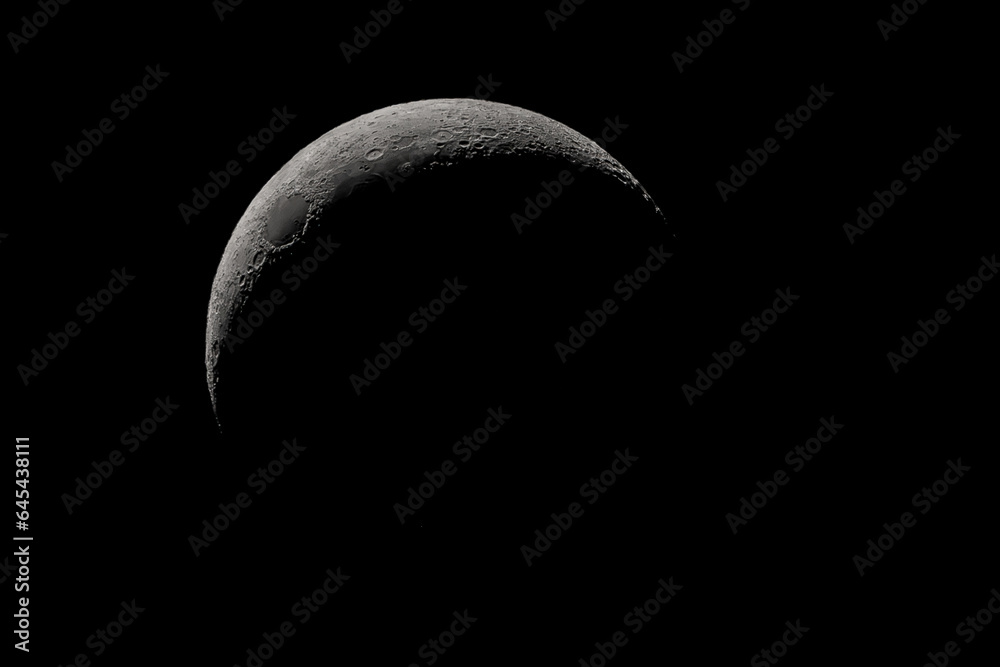 Crescent moon photographed with a telescope, where you can see the ...