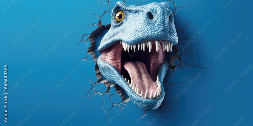 Cute T-Rex peeking out of a hole in wall, torn hole, empty copy space ...