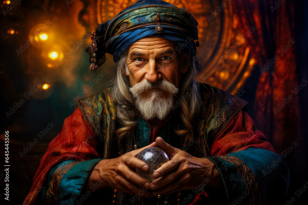 Old man in the mystical costume of a fortune teller isolated on a vivid ...