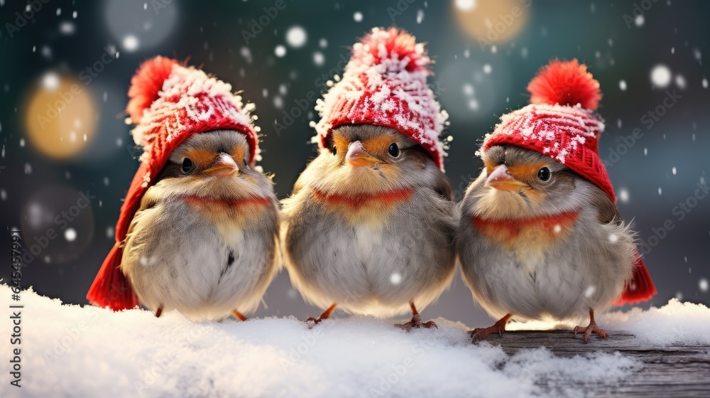 funny Christmas birds wearing adorable little red hats, coming together ...