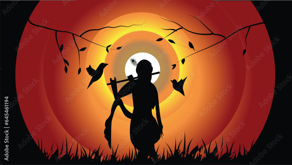 silhouette of Lord Krishna. Krishna illustration forest background ...