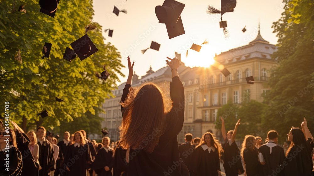 College graduate girl throwing her cap up in celebration of graduation ...