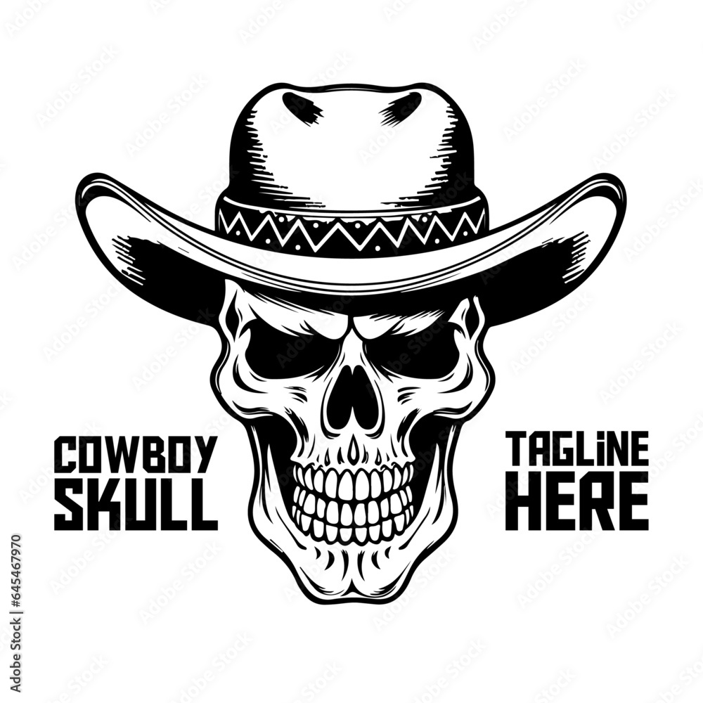 Cowboy Skull Mascot in Monochrome: Western Skeleton Logo Element for ...