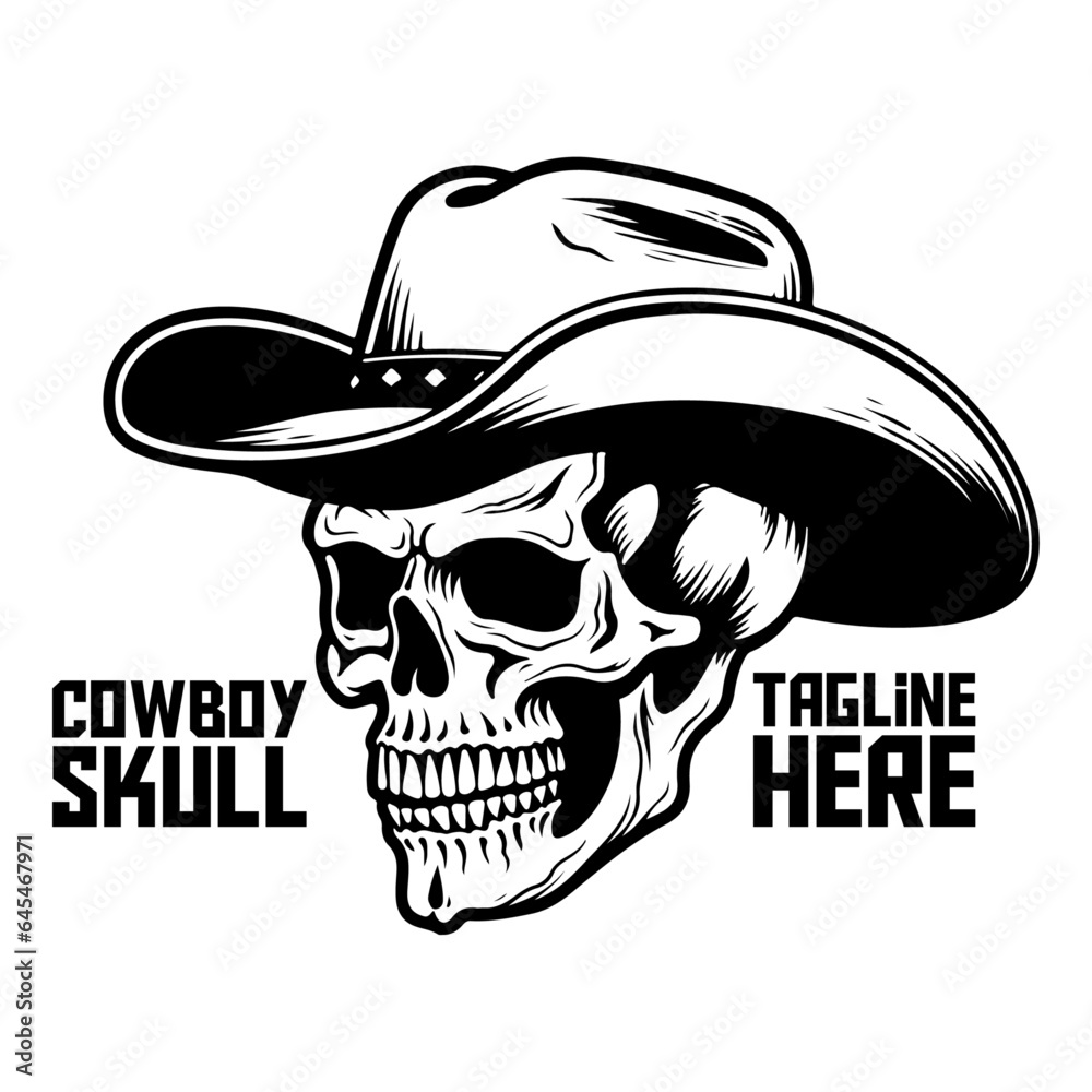 Monochrome Western Cowboy Skull Icon: Skeleton Design Element for Logo ...