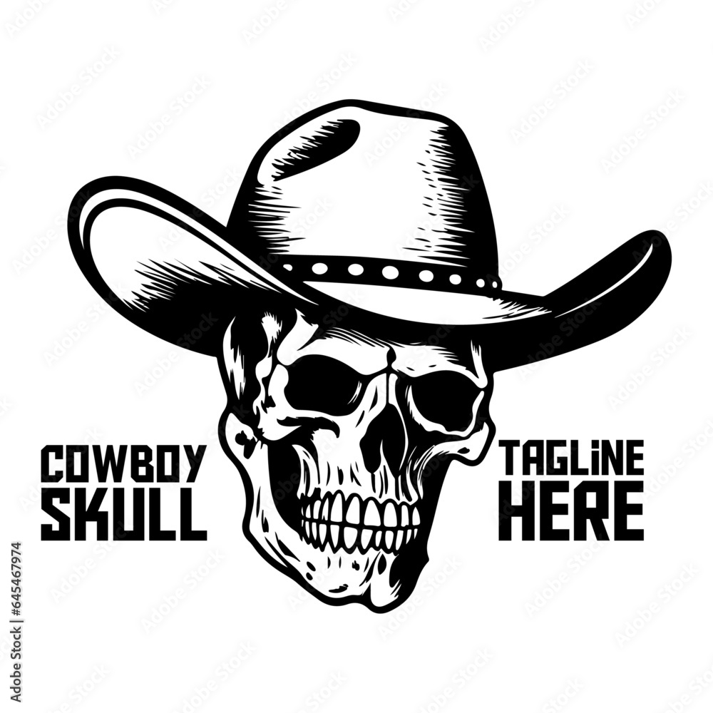 Monochrome Cowboy Skull Badge: Western Skeleton Design for Logos ...