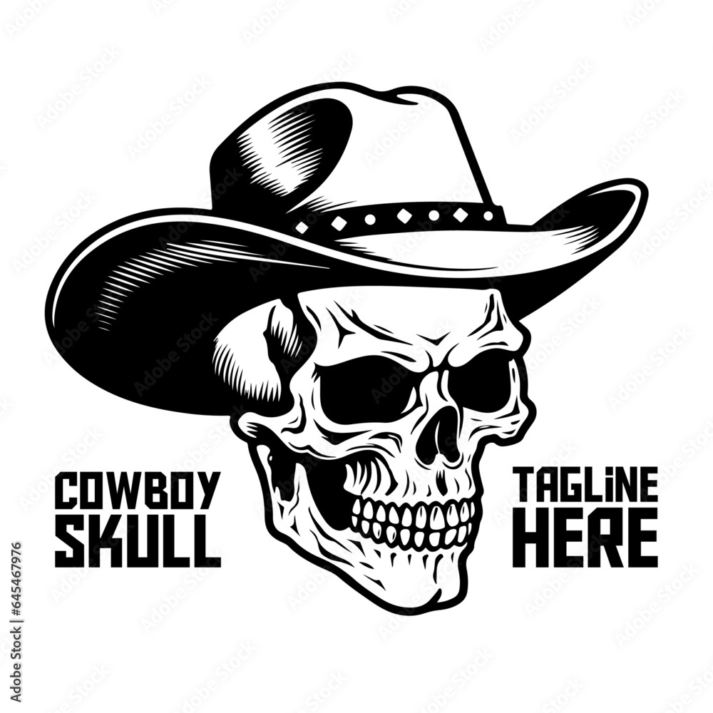 Cowboy Skull Monochrome Art: Western Skeleton Logo Element for Labeling ...