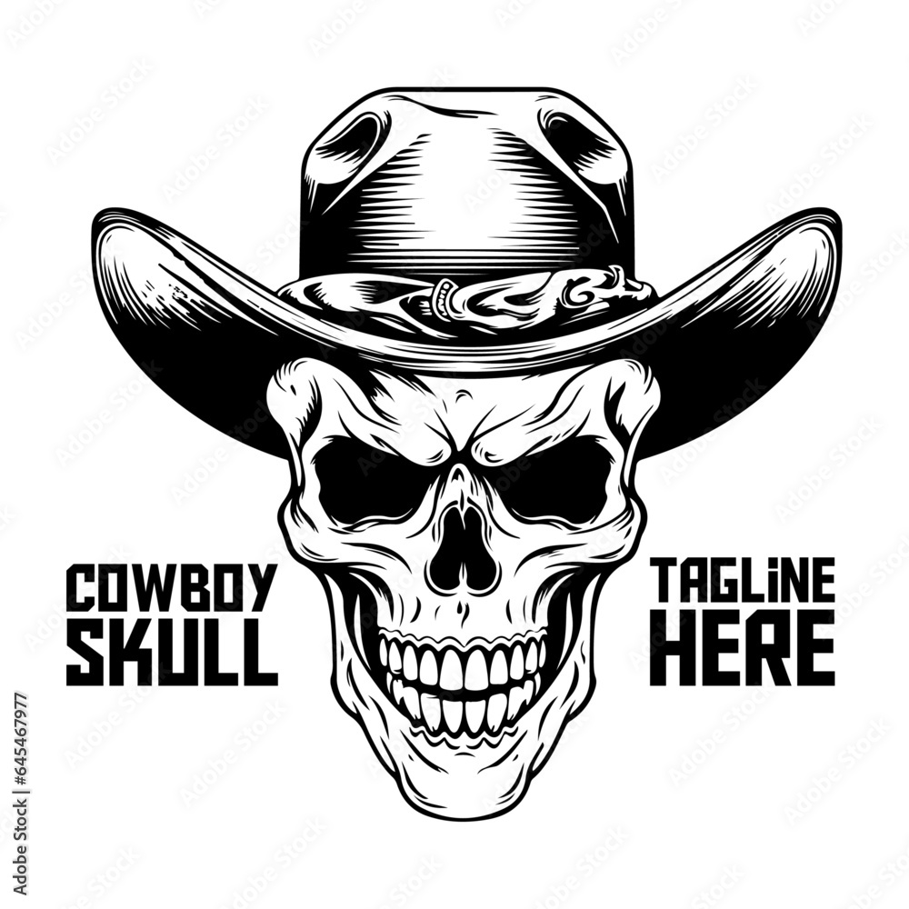 Monochrome Cowboy Skull Emblem: Western Skeleton Design for Logos ...