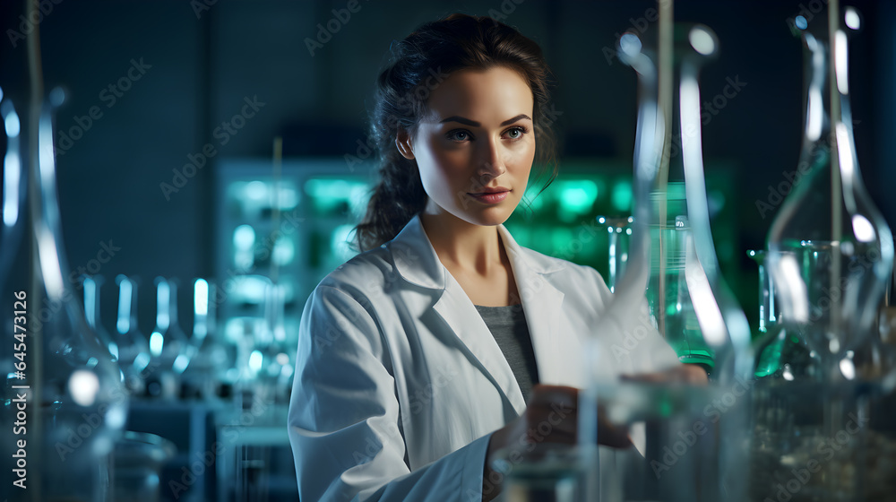 Attractive female scientist working on a new experiment in the ...