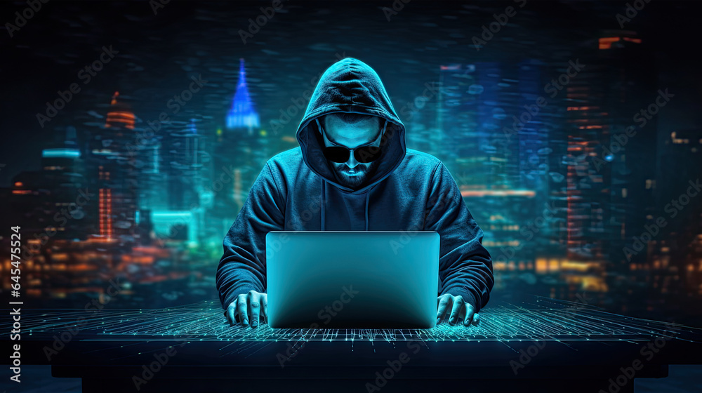 Horizontal illustration of a cyber hacker. A hooded man illuminated by ...